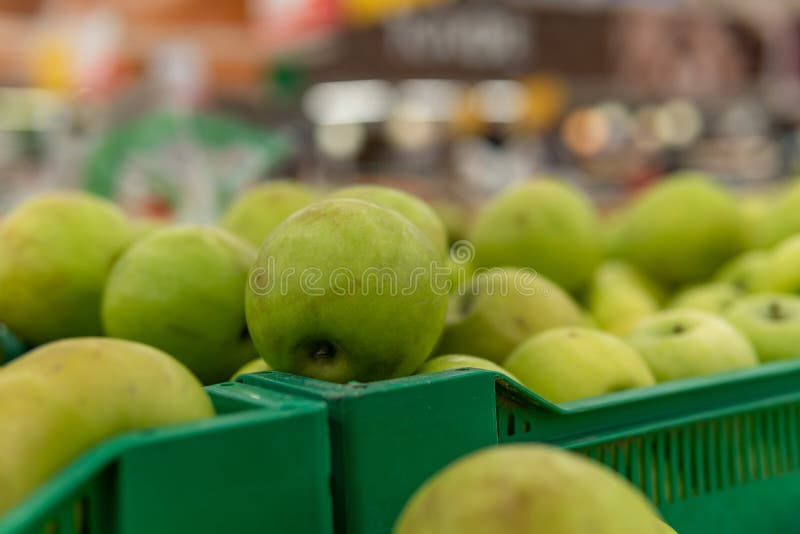 Fresh Apples in Trays on the Counter in the Supermarket. Stock Photo ...
