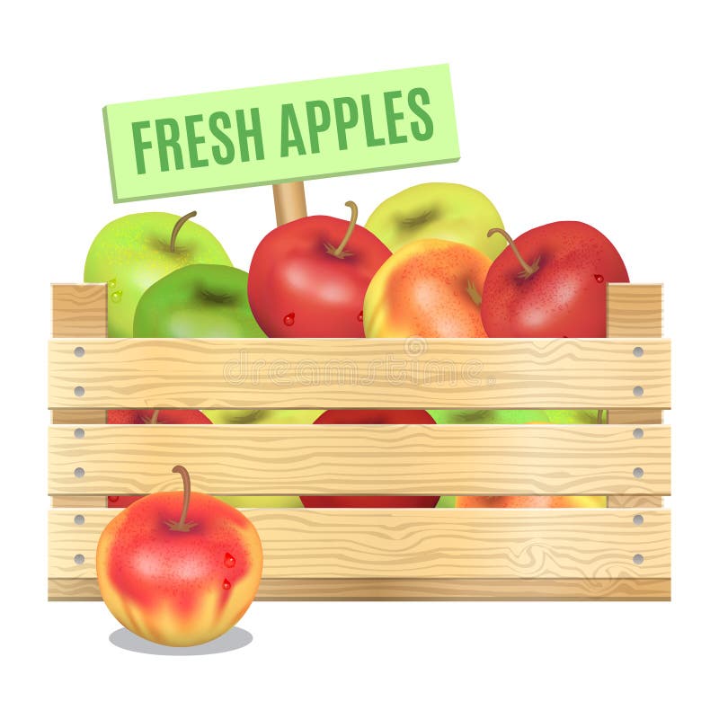 Fresh Apples in a Wooden Box on a White Background. Vector Icon. Stock ...