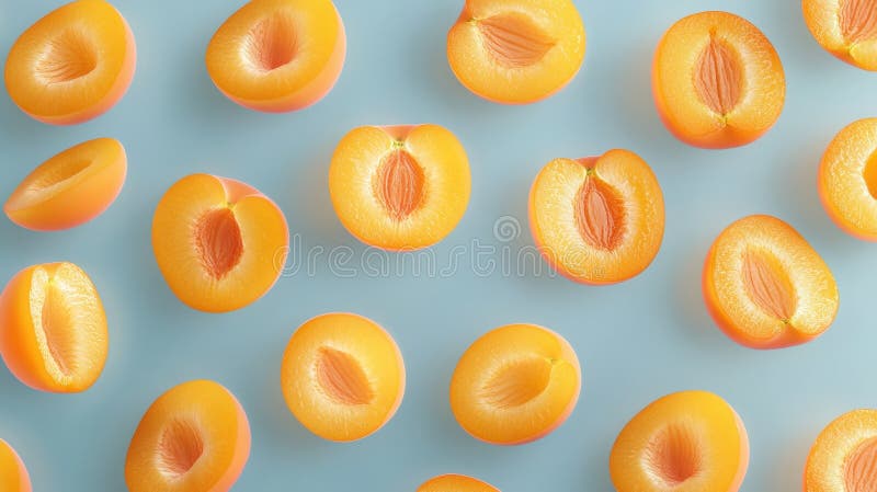 Fresh Apricot Halves Arranged on a Light Blue Background Stock ...
