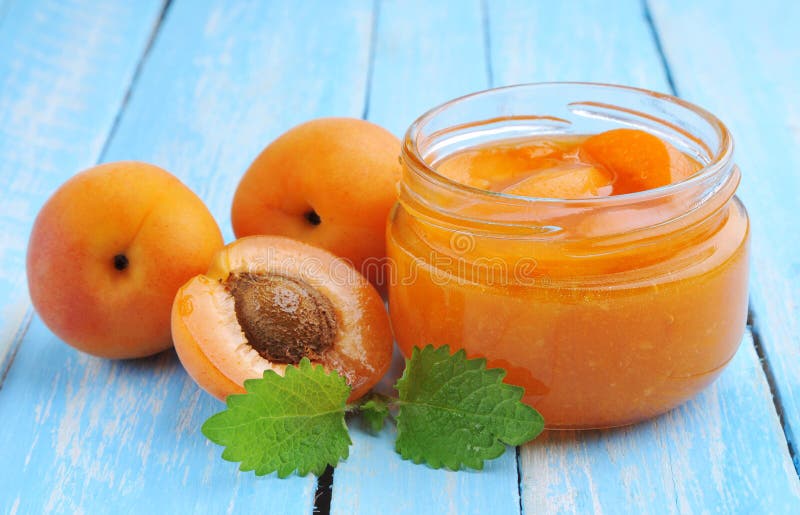 Fresh Apricots with Green Mint ,jam in Glass Jar Stock Image - Image of ...