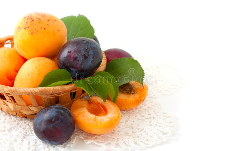 Fresh Apricots and Plums in a Basket Stock Image - Image of food, leaf ...