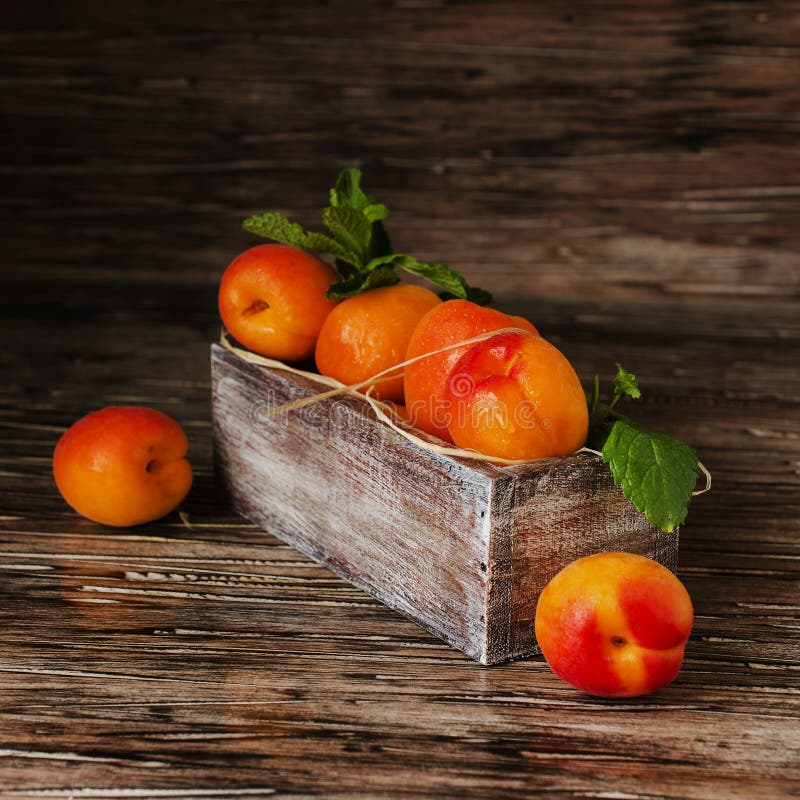 Fresh Apricots in Small Wooden Box, Selective Focus, Top View Stock ...