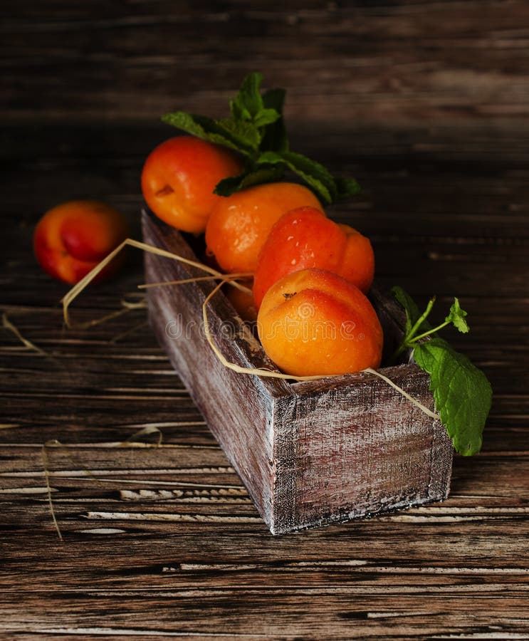 Fresh Apricots in Small Wooden Box, Selective Focus, Top View Stock ...