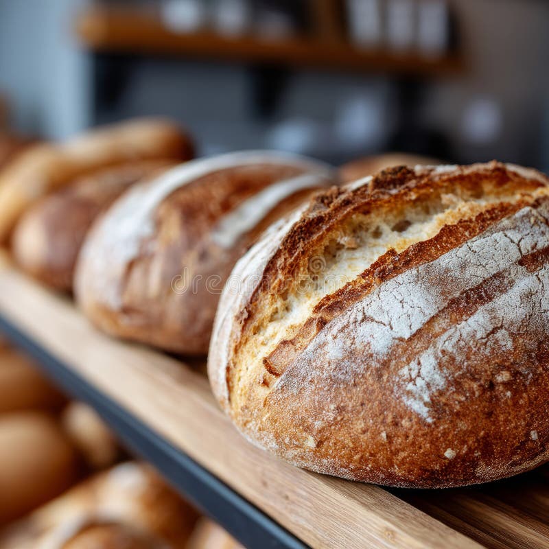 Fresh Artisan Bread Loaf on a Wooden Shelf in a Bakery. Stock Photo ...
