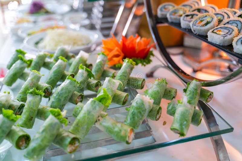Fresh Asian Spring Rolls with Shrimps, Vegetables, Fruit.. Stock Image ...
