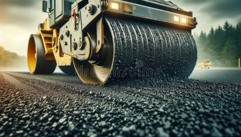Fresh Asphalt Being Compacted by a Vibratory Roller. Generative AI ...