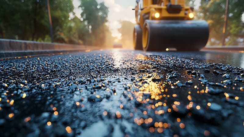 Fresh Asphalt Road Surface at Sunset Stock Photo - Image of machine ...