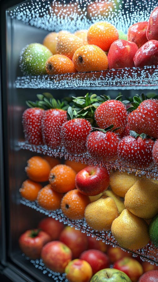 Fresh Assorted Fruits in a Dew-covered Refrigerator Display Stock Photo ...