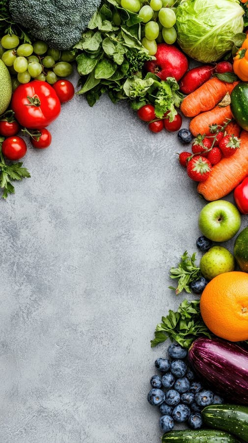 Fresh Assortment of Colorful Fruits and Vegetables Displayed on Gray ...