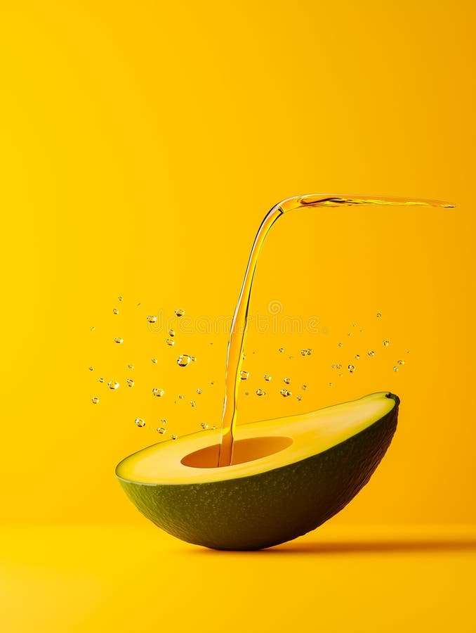 Fresh Avocado Cut in Half with a Stream of Liquid Pouring Out, Creating ...