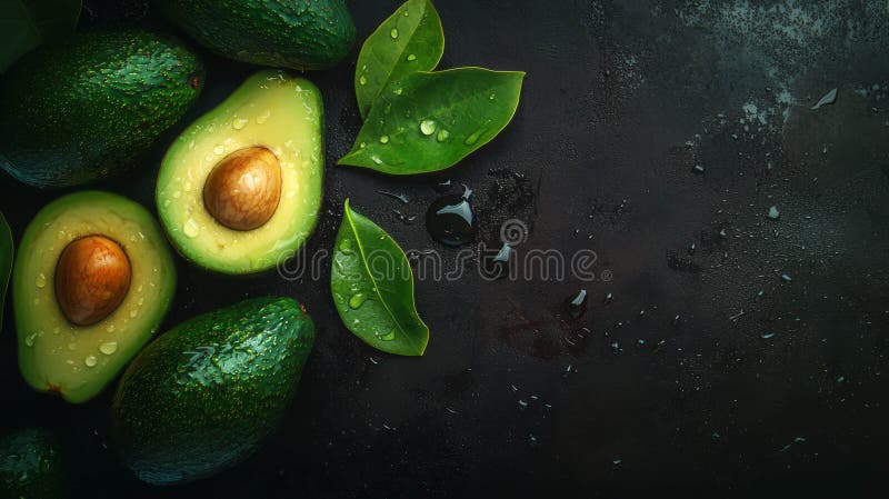 Fresh Avocado Texture with Sliced View and Leaves on Dark Background ...