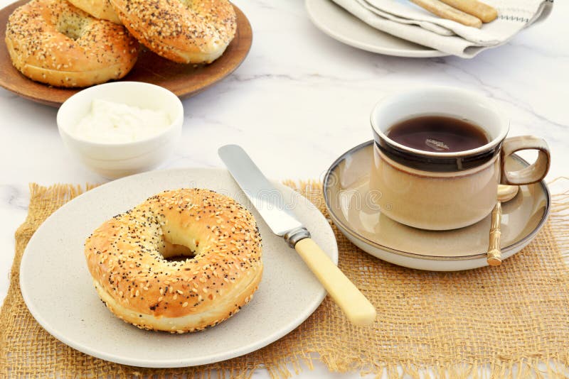Bagels and Coffee Rustic Setting Stock Image - Image of empty, setup ...