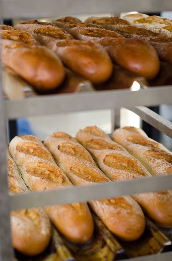 Fresh Baked Baguettes Cooling on Racks in the Bakery Stock Image ...