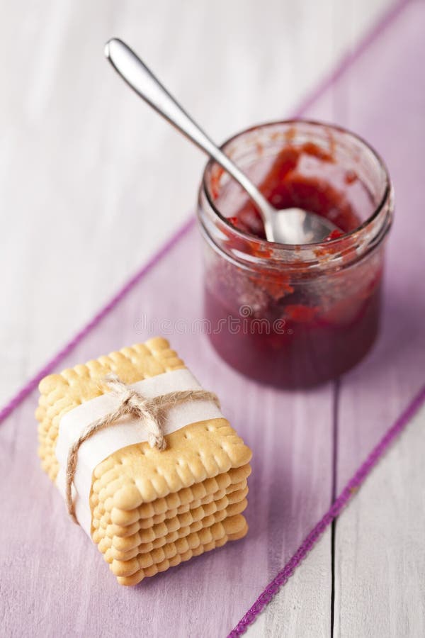 Fresh Baked Biscuits and Red Fruit Jam Stock Photo - Image of stack ...