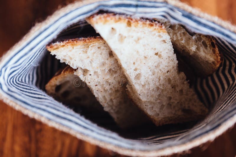 Fresh Baked Bread Sliced for Eating with Brie Cheese in Fabric Pouch ...