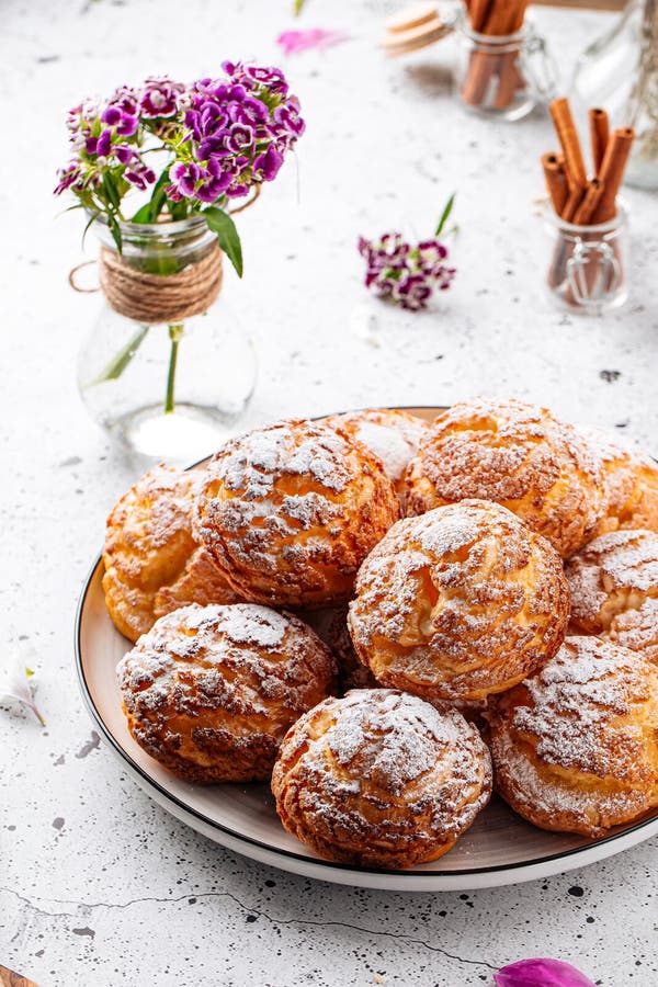 Fresh Baked Choux Pastry Cakes with Sugar Stock Photo - Image of sugar ...