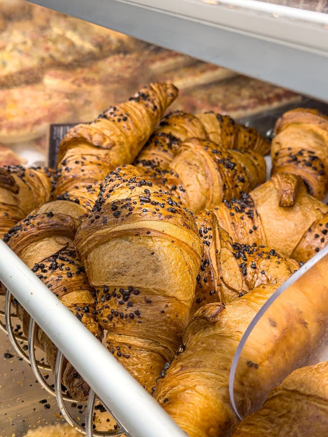 Fresh Baked Croissants with Cream on a Shelf Stock Photo - Image of ...