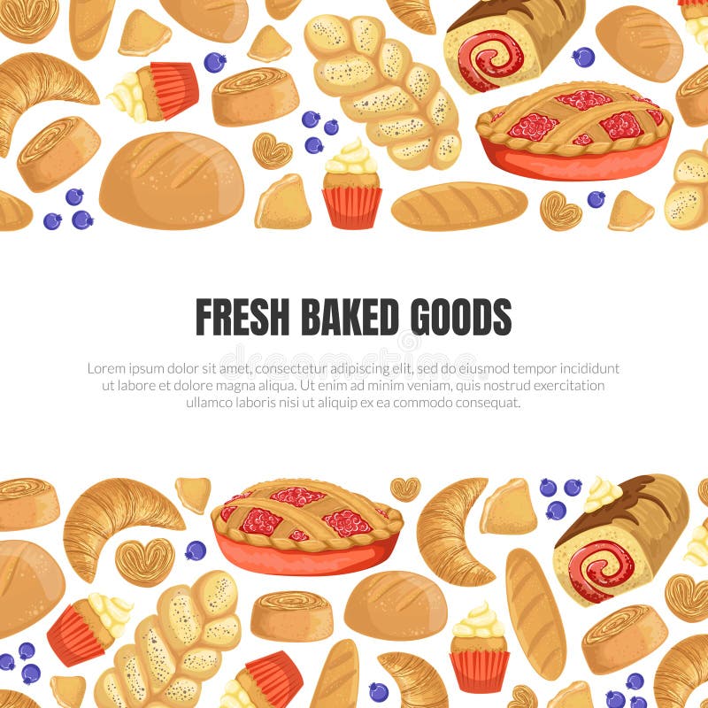 Fresh Baked Goods Banner Template with Baking Products Seamless Pattern ...