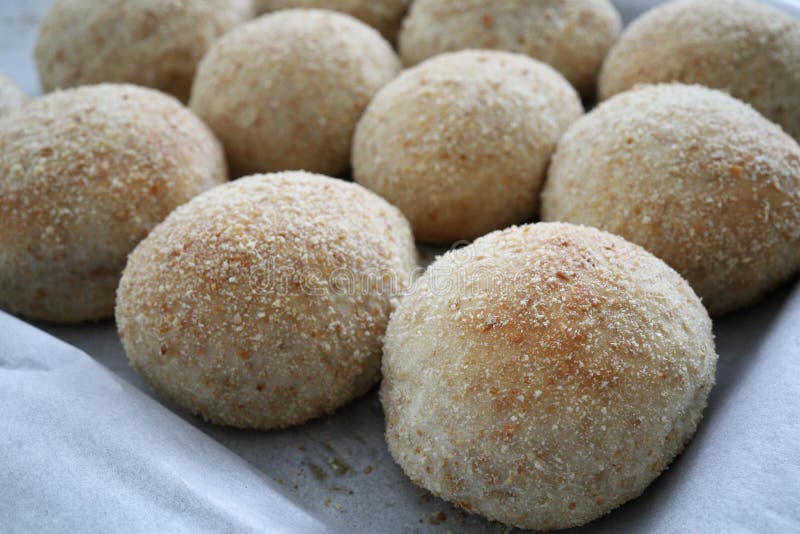 Fresh Baked Pandesal Rolled in Bread Crumbs Close Up. Stock Image ...