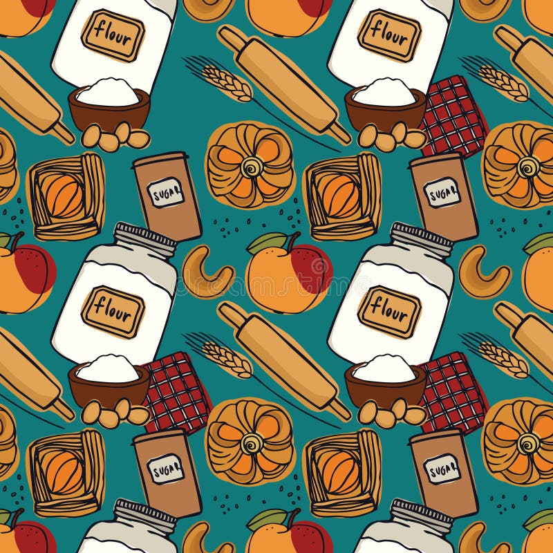 Fresh Bakery Apple Desserts Seamless Pattern Blue Background Stock ...
