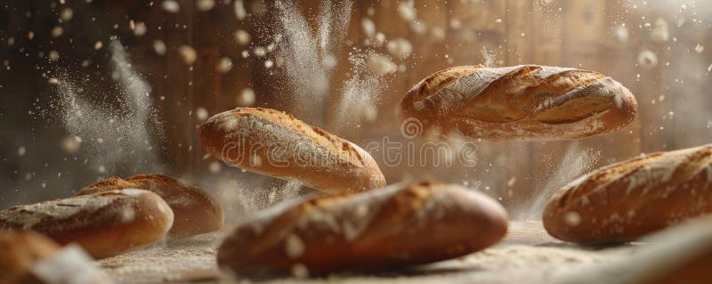 Fresh Bakery Bread and Baguettes, Flying in Mid-air with a Dusting of ...