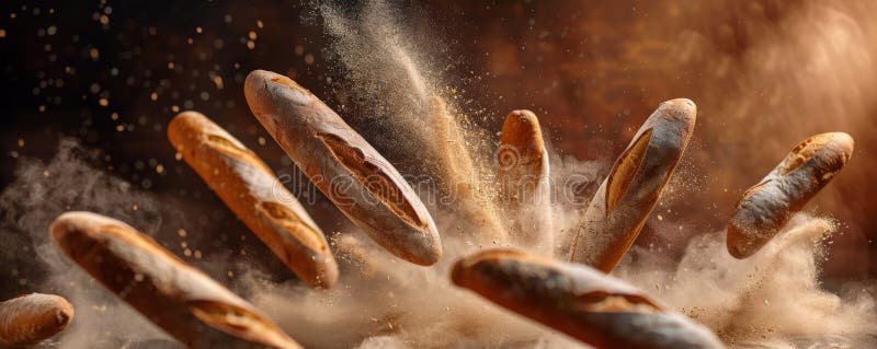 Fresh Bakery Bread and Baguettes, Flying in Mid-air with a Dusting of ...
