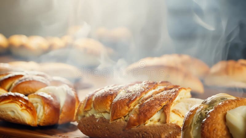 Fresh Bakery on the Table. Handmade Bread with Steam, Just Out of Oven ...