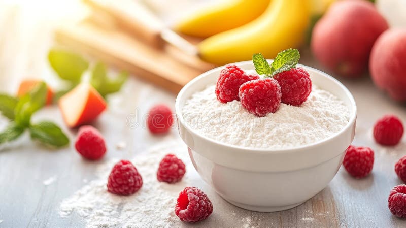 Fresh Baking Ingredients Flour, Raspberries, and Bananas Ready for a ...