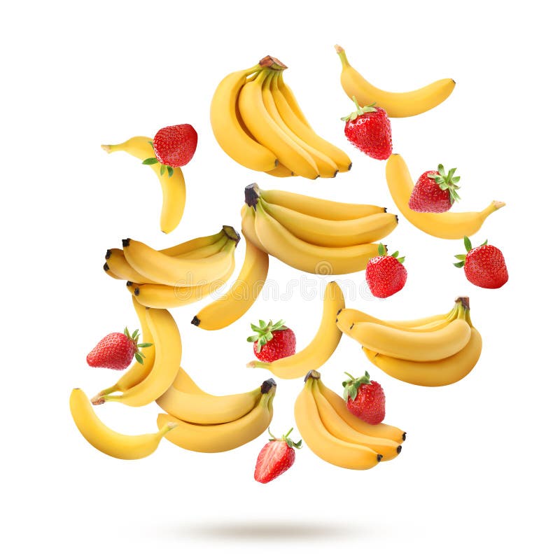 Fresh Bananas and Strawberries Falling on White Background Stock ...