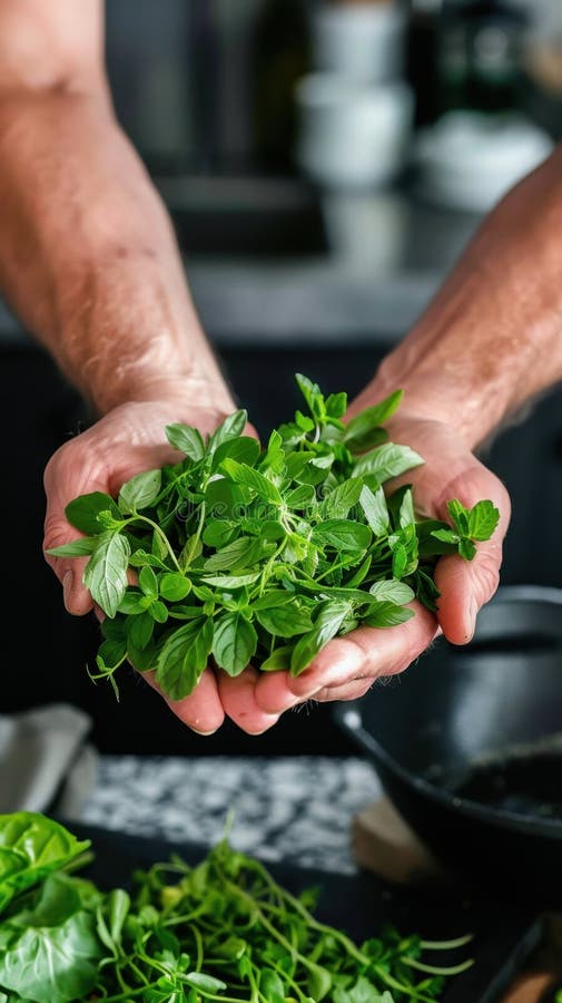 Fresh Basil in Caucasian Male Hands in Kitchen Setting Stock ...
