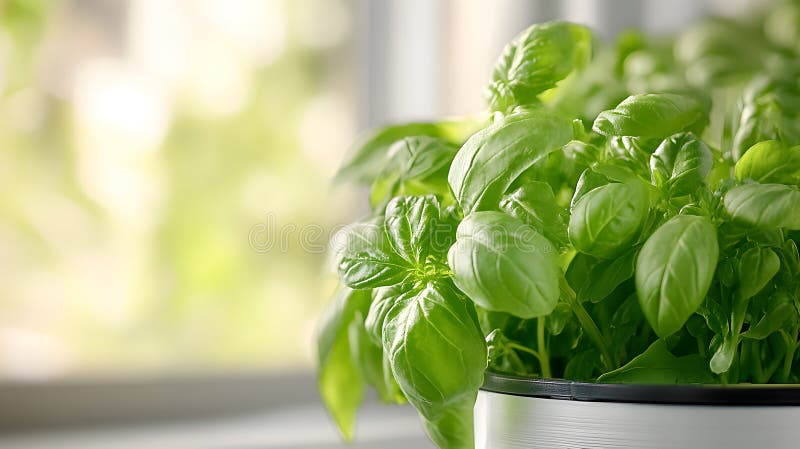 Fresh Basil Growing Lush in a White Container Near the Window with Soft ...