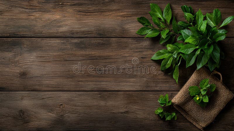Fresh Basil Leaves Arrangement on Rustic Wood Table with Space for ...
