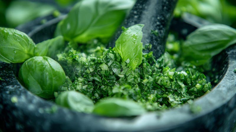 Fresh Basil Leaves and Chopped Basil in Mortar Stock Illustration ...