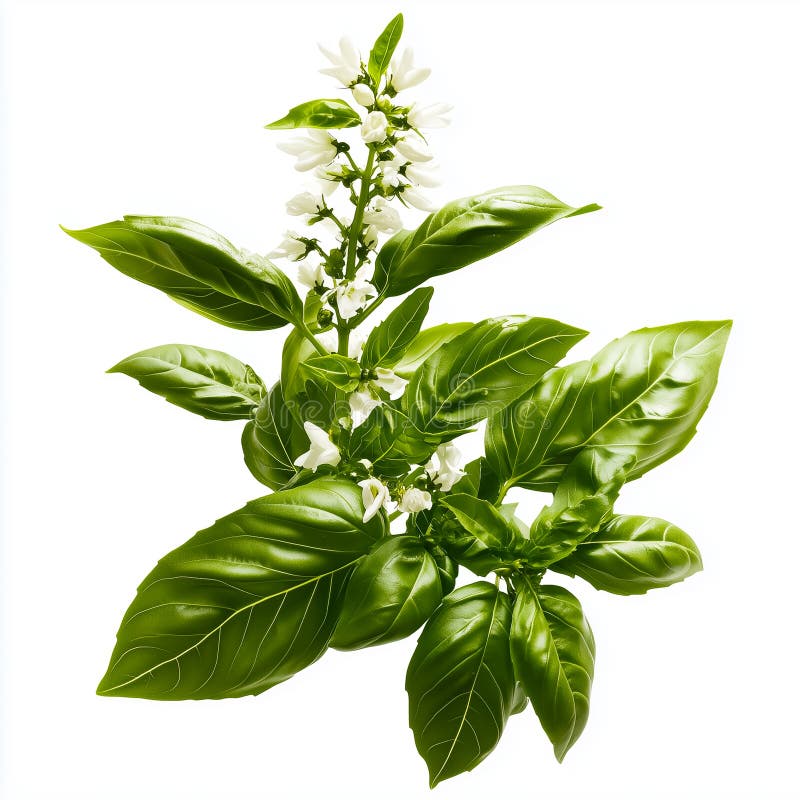 Fresh Basil Leaves with Delicate White Flowers on a Clean, Bright ...
