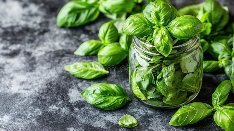 Fresh Basil Leaves in a Glass Jar Stock Illustration - Illustration of ...