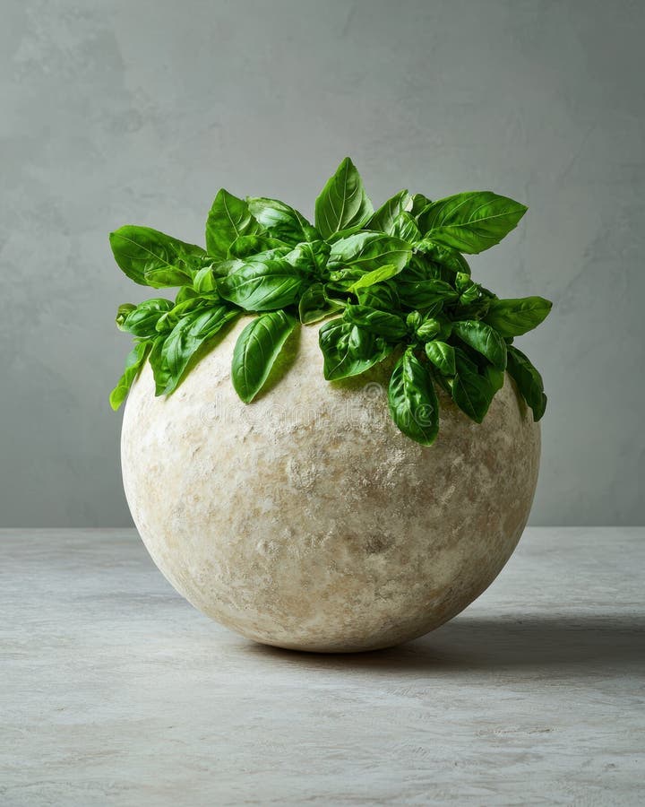 Fresh Basil Leaves on a Round Stone Surface Stock Illustration ...