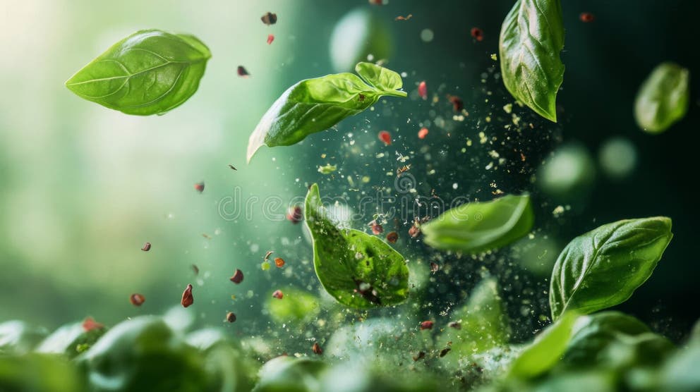 Fresh Basil Leaves and Spices Falling in Air Stock Illustration ...
