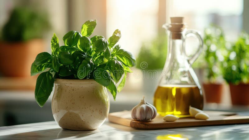 Fresh Basil Plant in Kitchen Setting with Olive Oil and Garlic ...