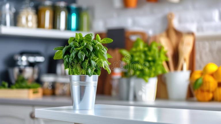 Fresh Basil Plant in Modern Kitchen Setting with Cozy Decor Elements ...