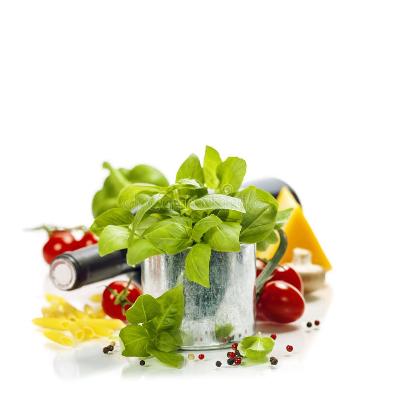 Fresh Basil in the Pot and Italian Ingredients Stock Image - Image of ...
