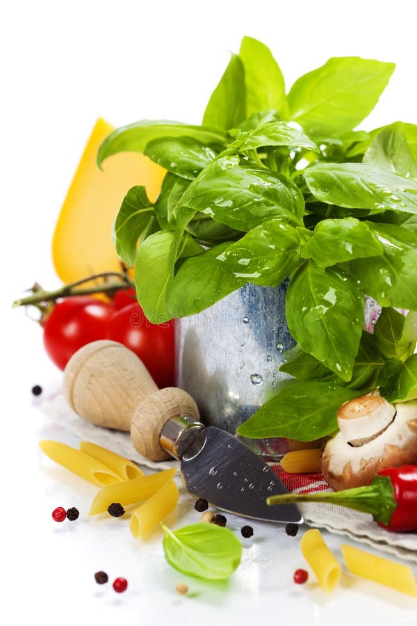 Fresh Basil in the Pot and Italian Ingredients Stock Photo - Image of ...
