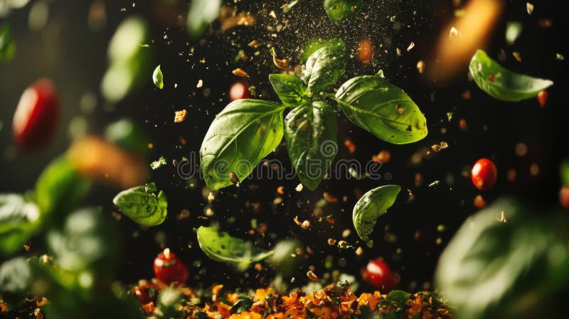 Fresh Basil and Spices in Motion Against Dark Background Stock ...