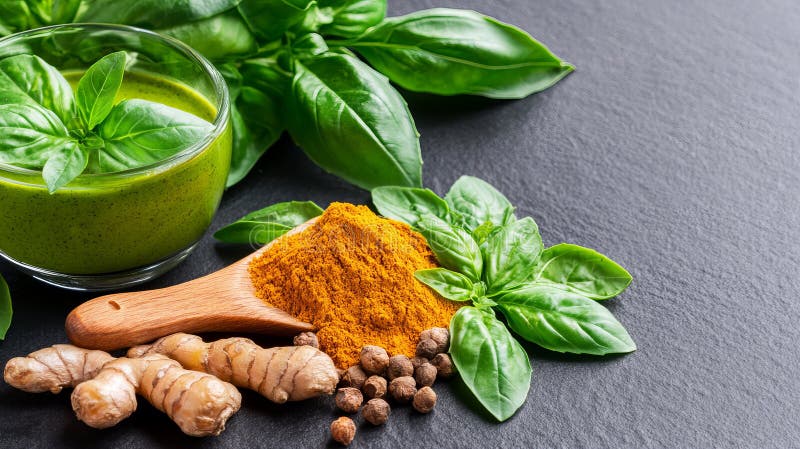 Fresh Basil, Turmeric, and Ginger Arrangement on Slate with Spices ...