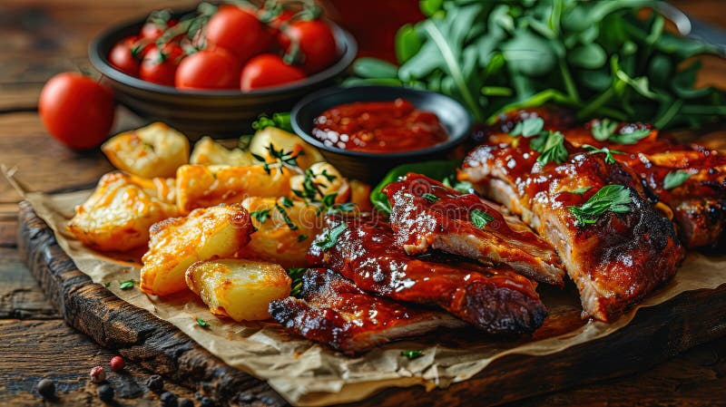 Fresh BBQ Platter on a Rustic Wooden Table on Blurry Background Stock ...