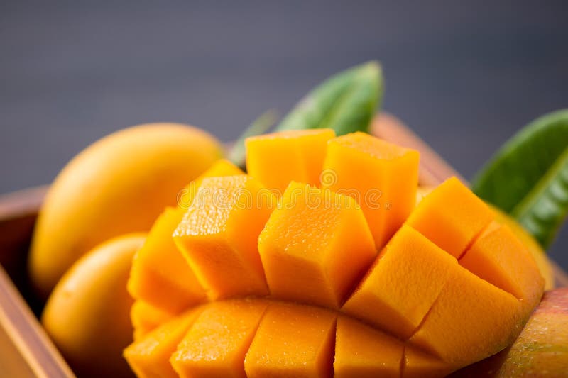 Fresh and Beautiful Mango Fruit Set in a Wooden Box with Sliced Diced ... Fresh and Beautiful Mango Fruit Set in a Wooden Box with Sliced Diced ...