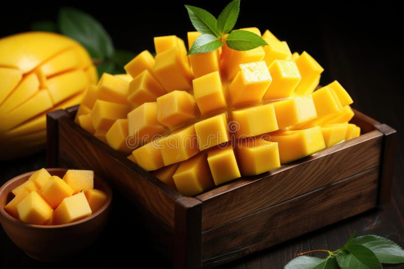Fresh and Beautiful Mango in a Wooden Box with Sliced ??sliced ??mango ...