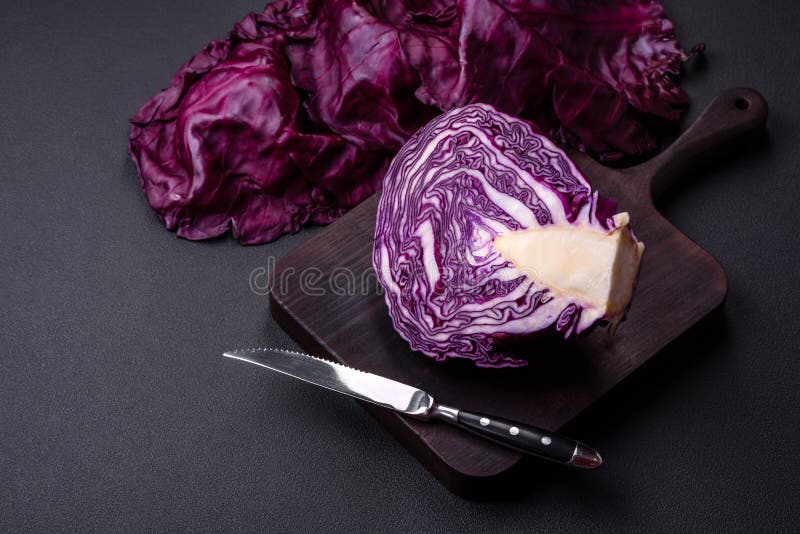 Fresh Beautiful Red Cabbage with Textured Leaves on a Dark Concrete ...