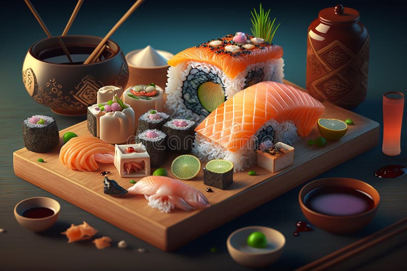 Fresh Beautiful Sushi Setup with Salmon Maki Stock Illustration ...