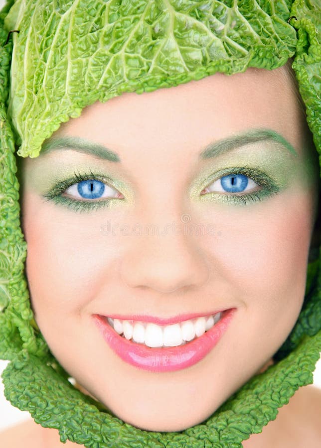 Woman Beauty Face with Green Fresh Lettuce Leaves Stock Photo - Image ...