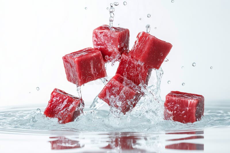 Fresh Beef Cubes Falling into Clean Water Splashing on White Background ...